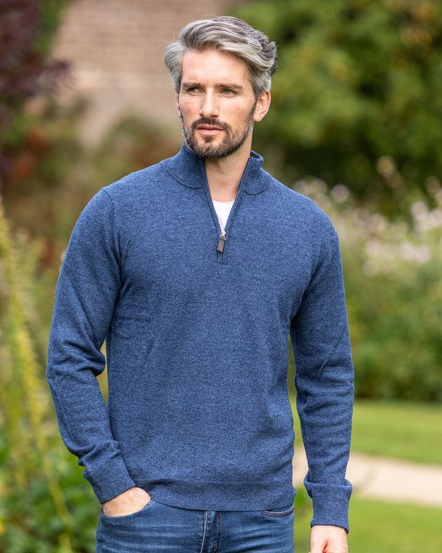 100% Light Weight Lambswool Half Zip Indigo Marl