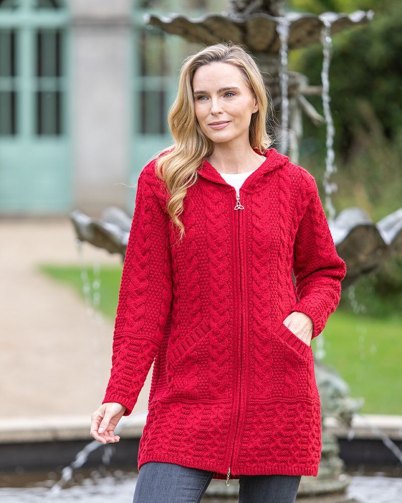 Hooded Coat with Celtic Knot Zipper Cherry