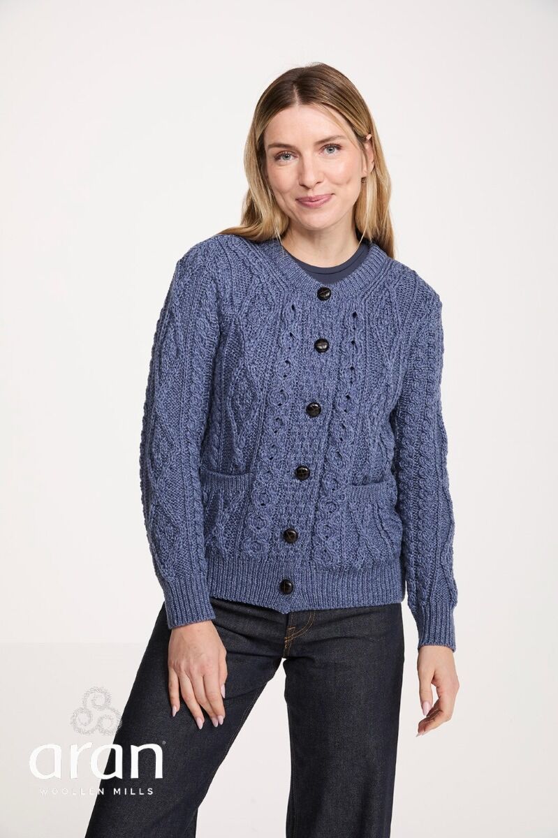 100% Wool Irish Aran Cardigan Denim