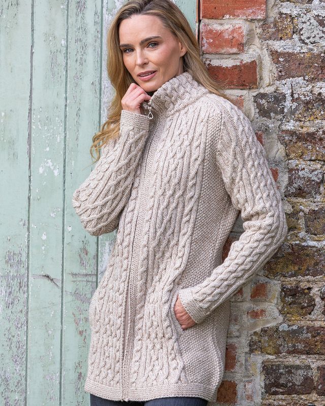 Full Zip Long Aran Cardigan Camel