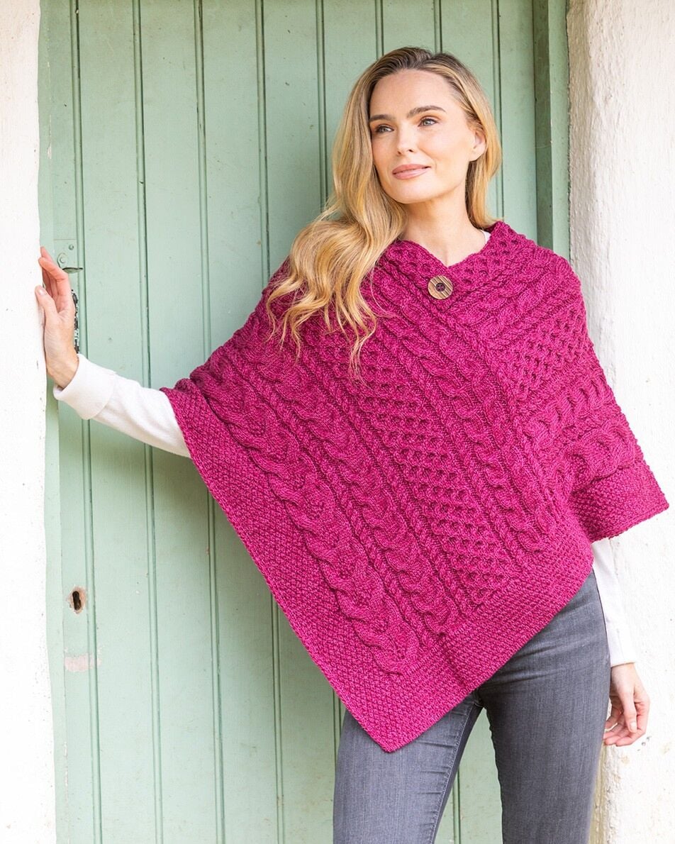 100% Merino Wool Button Poncho Raspberry One Size