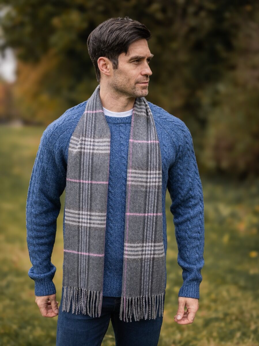 Wool and Cashmere Unisex Scarf Charcoal With Pink Check