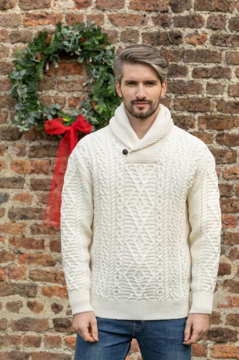 Men's Aran Shawl Neck Merino Wool Sweater | The Sweater Shop Men's Aran Shawl Neck Merino Wool Sweater | The Sweater Shop